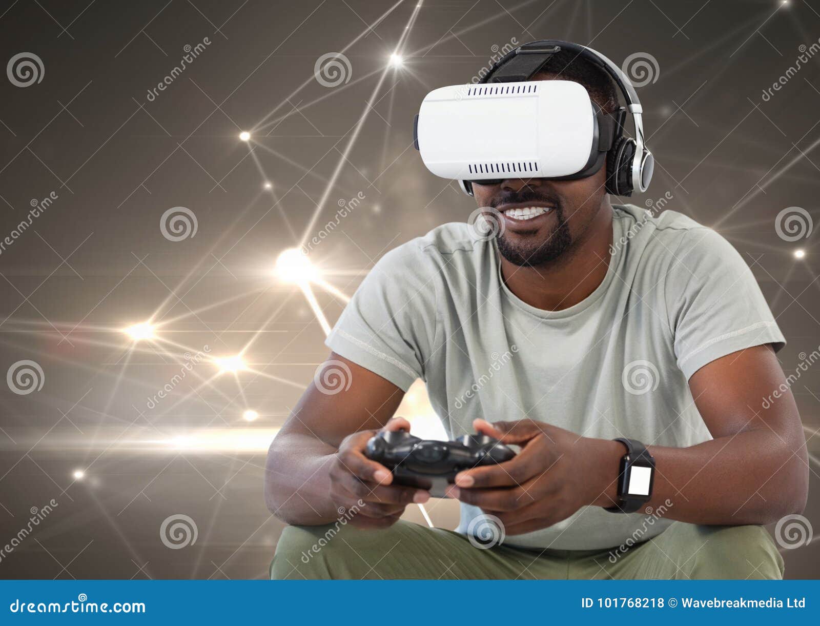 Man Playing with Computer Game Controller and Virtual Reality Headset ...