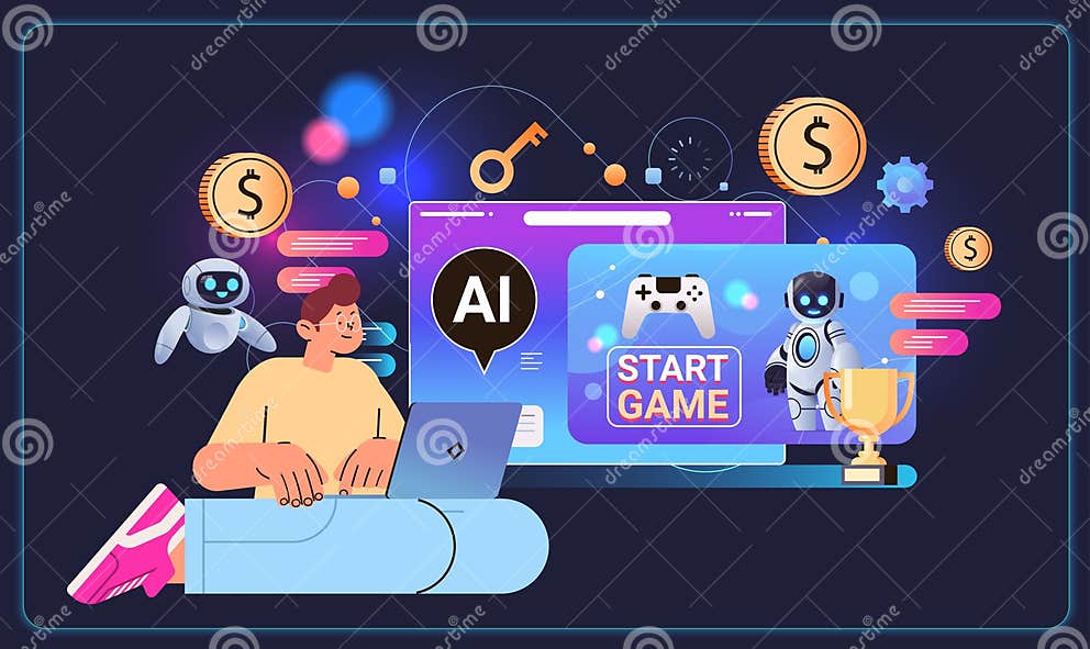 Man Playing Computer Video Games with Ai Helper Bot Game Artificial ...
