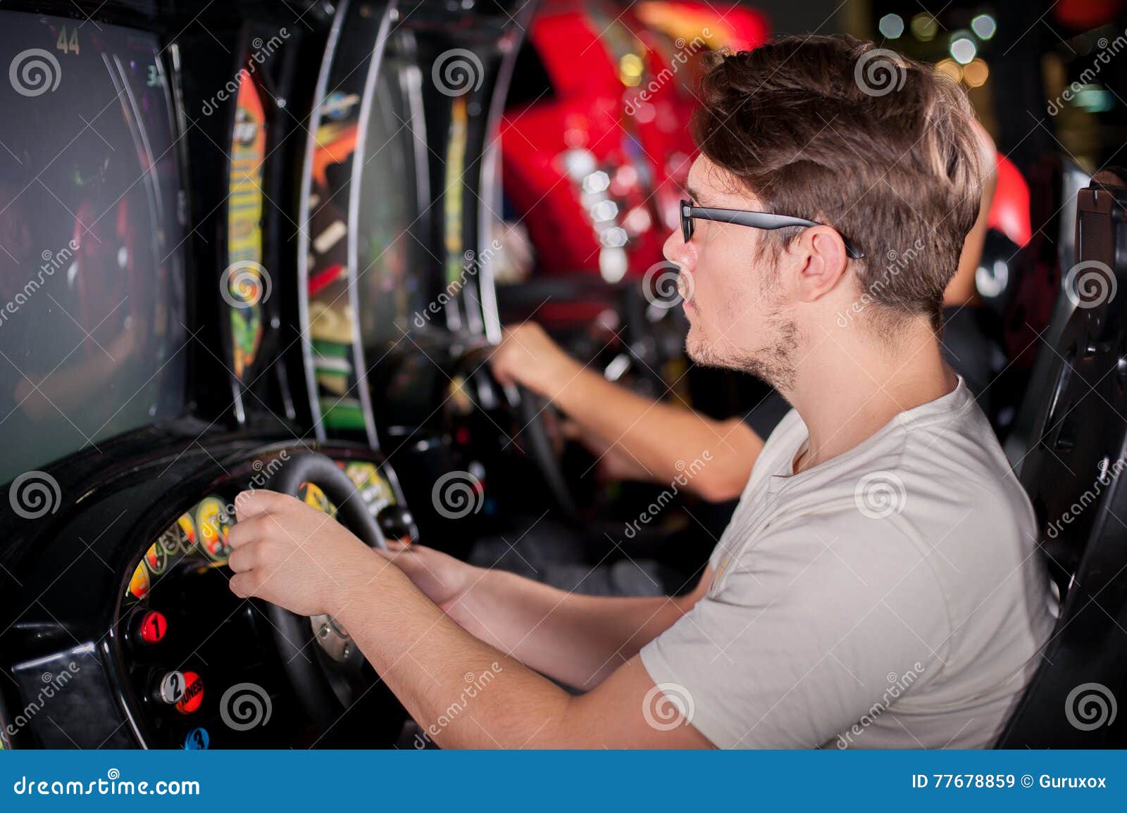Man Playing Driving Wheel Video Game Stock Image - Image of play ...