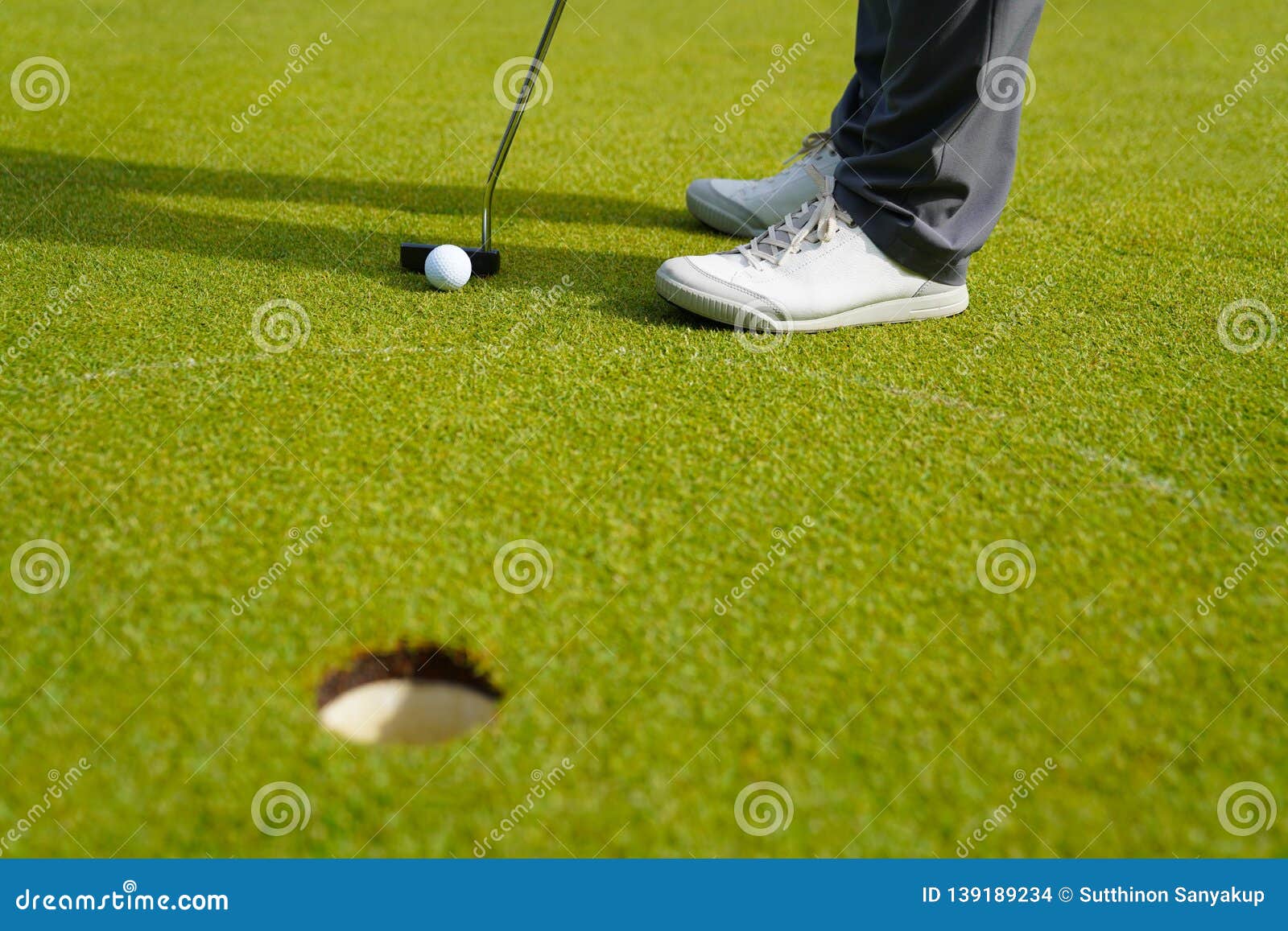 Man Playing Golf on a Golf Course in the Sun, Golfers Hit Sweeping Golf ...