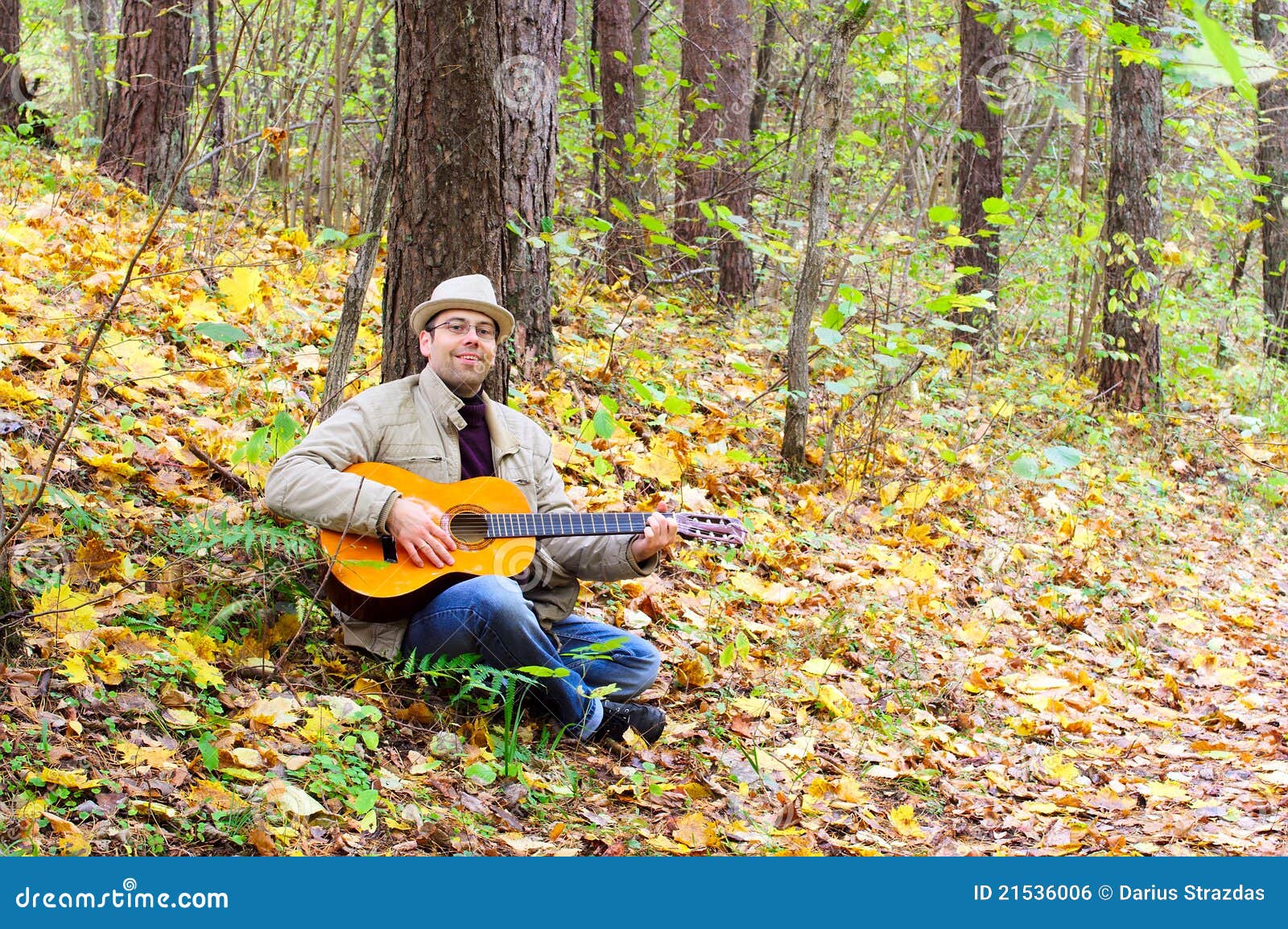 Man is Playing a Guitar in Autumn Forest Stock Photo - Image of colors ...