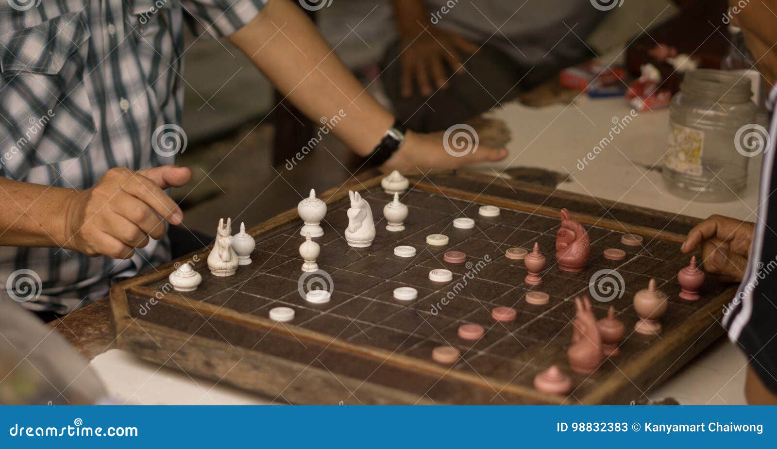 Man are Playing Old a Chess Board on Wooden Table Stock Image - Image ...