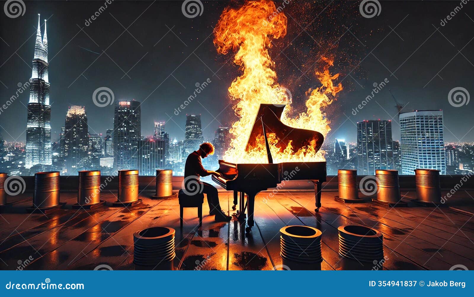 A Man is Playing a Piano in Front of a City Skyline Stock Image - Image ...