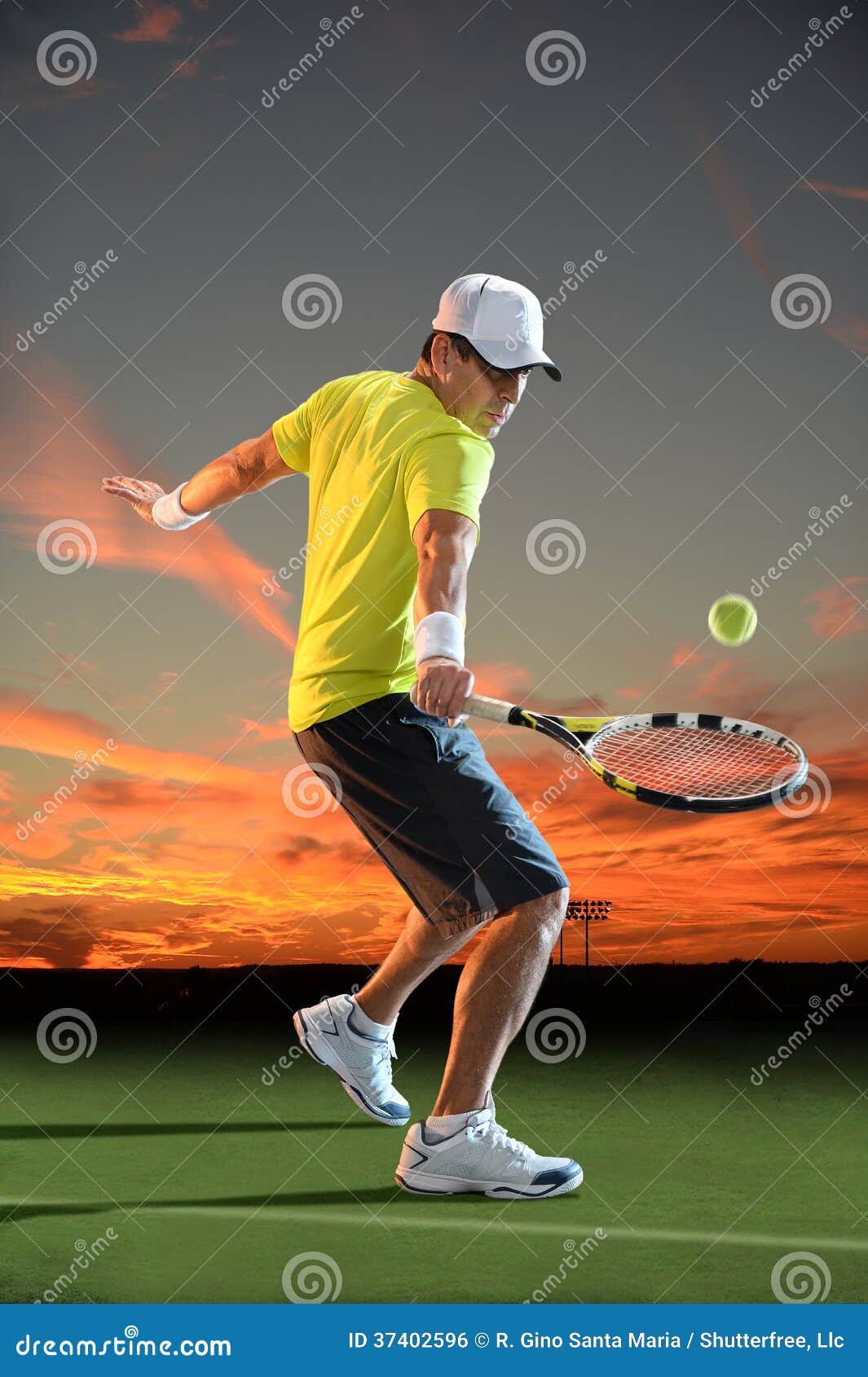 Man Playing Tennis at Sunset Stock Photo - Image of sport, equipment ...