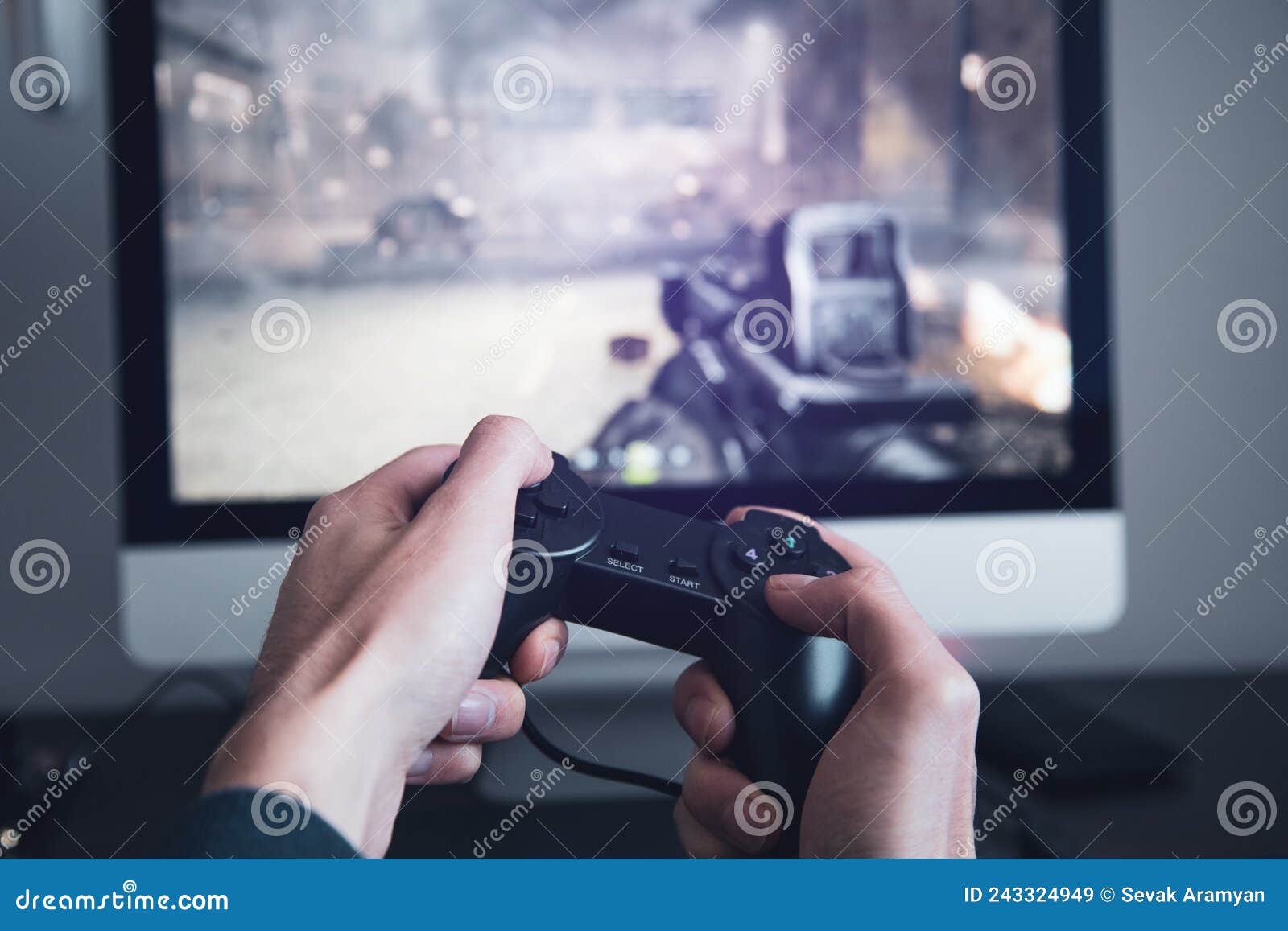 Man Playing Video Game. Hands Holding Console Controller. Stock Image ...