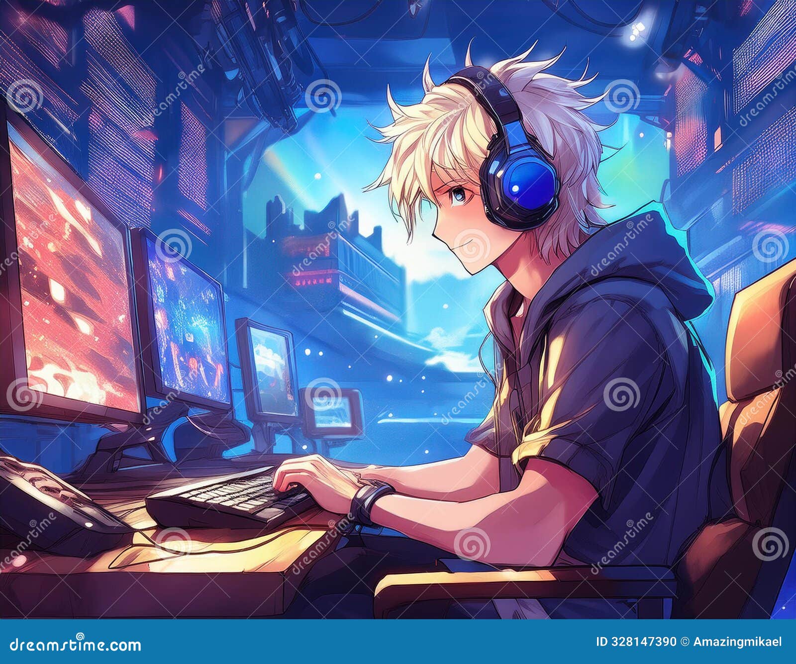 Man Playing Video Games and Coding Software in Anime Style Illustration ...