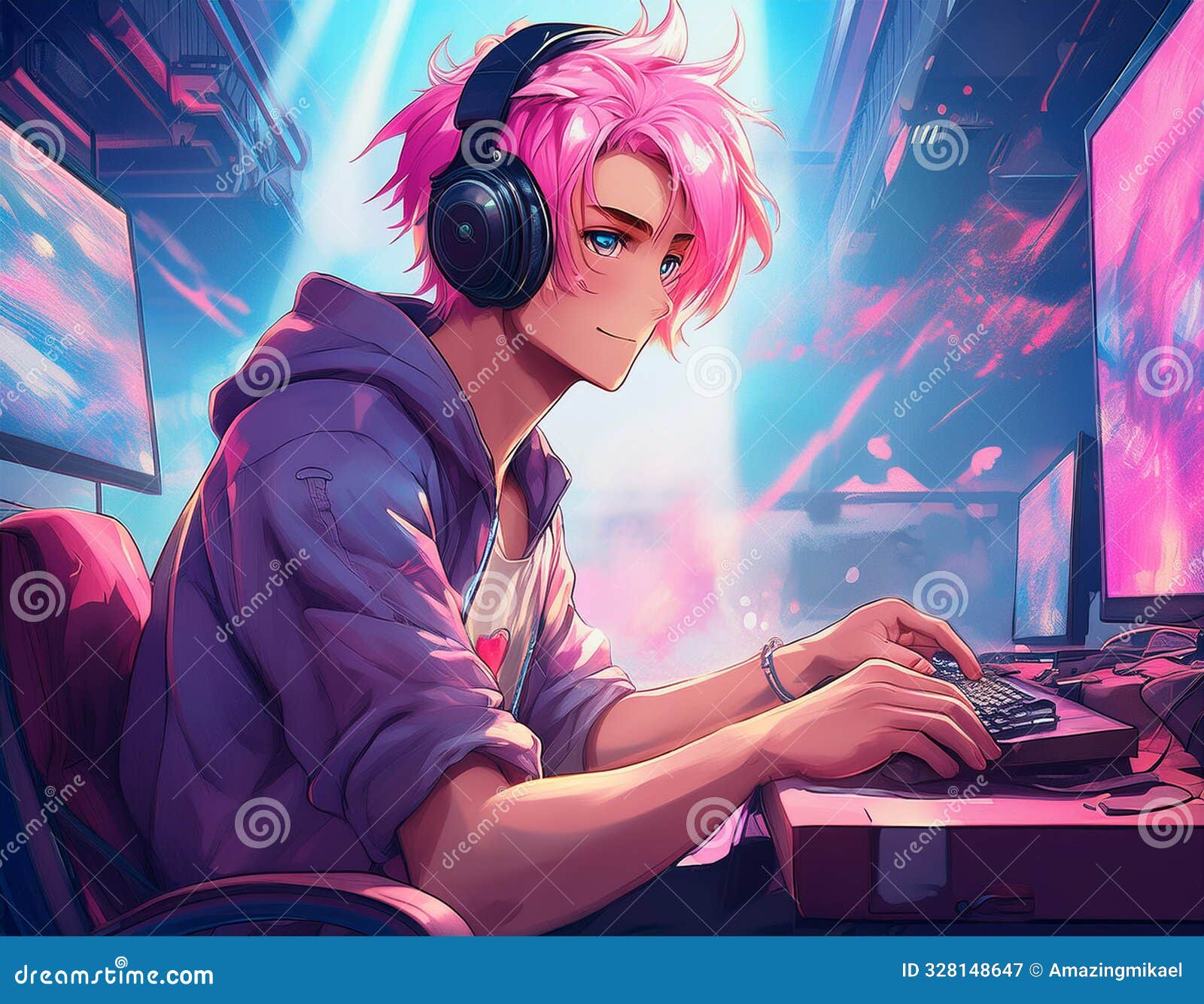 Man Playing Video Games and Coding Software in Anime Style Illustration ...