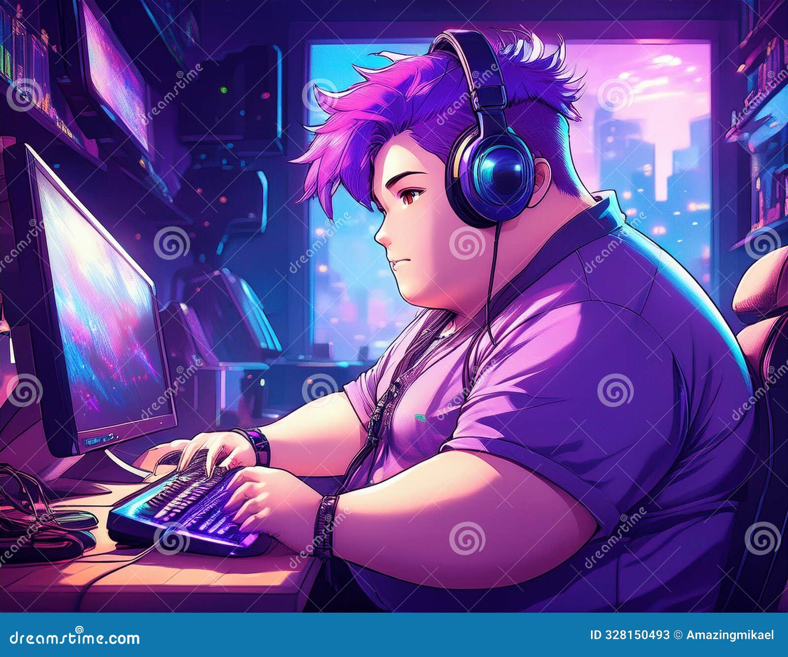 Man Playing Video Games and Coding Software in Anime Style Illustration ...