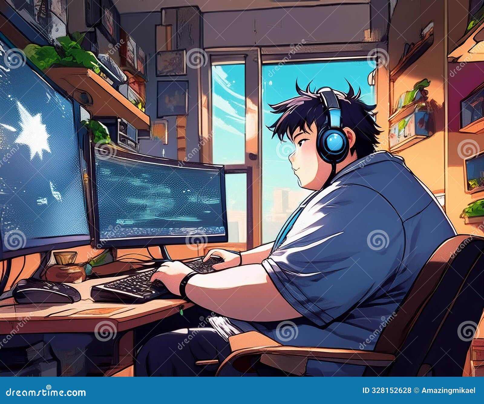Man Playing Video Games and Coding Software in Anime Style Illustration ...