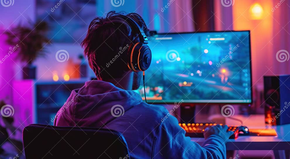 Man Playing Video Games in Front of Computer Stock Photo - Image of ...
