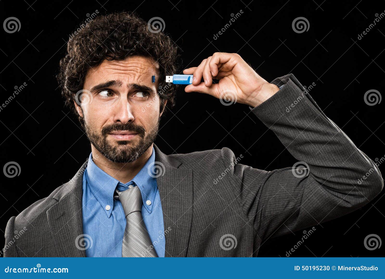 Man Plugging a Memory Stick in His Head Stock Photo - Image of ...