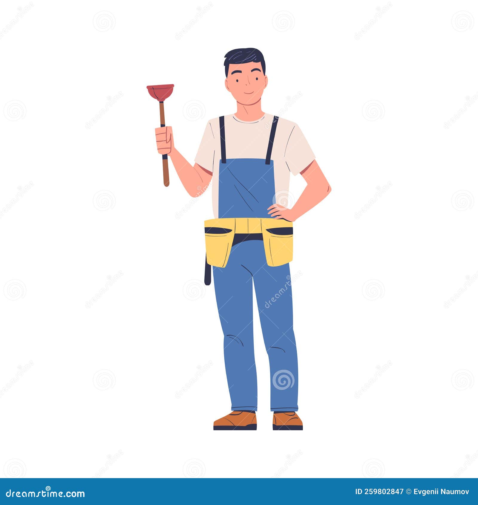 Man Plumber Standing with Plunger for Working and Fixing Vector ...