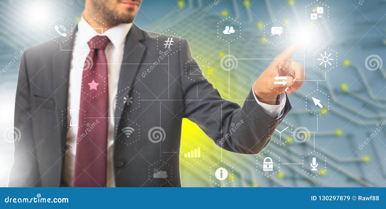 Man Pointing at App Icons on Abstract Network Connection Background. 3d ...
