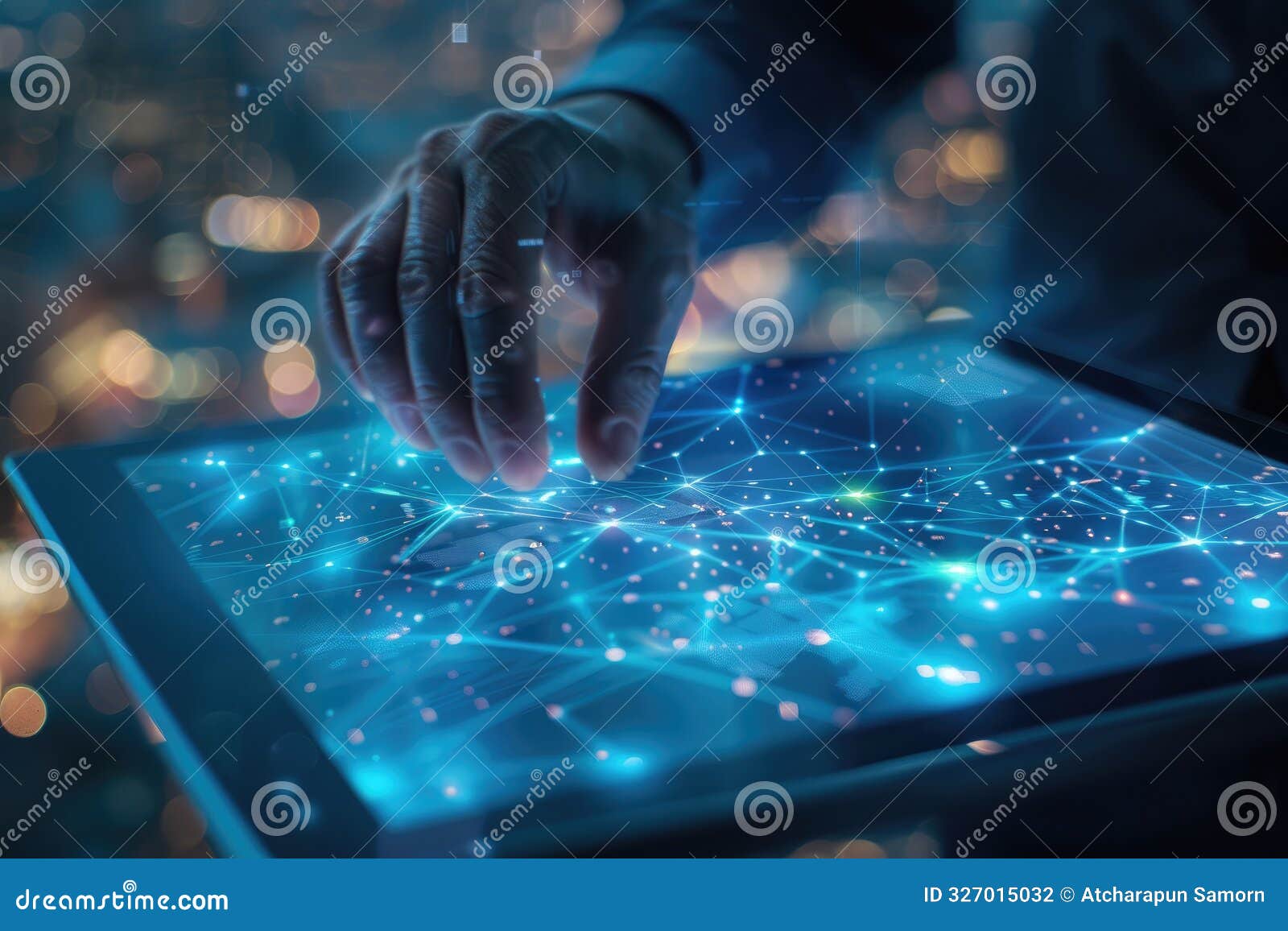 A Man is Pointing at a Blue Screen with a Network of Lines Stock ...