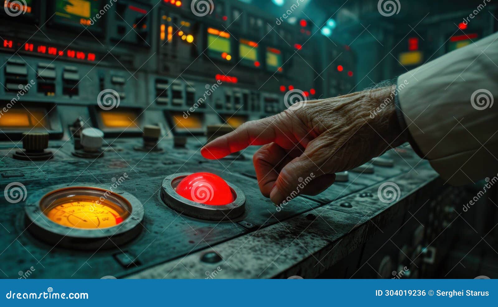 A Man is Pointing at a Button on an Old Control Panel, AI Stock Photo ...