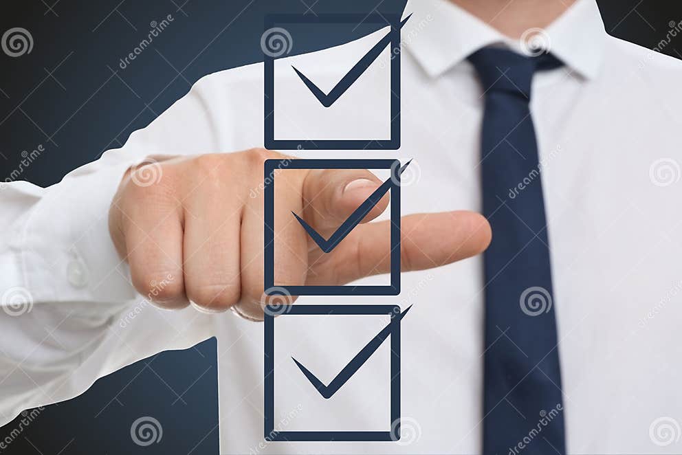 Man Pointing at Check Boxes with Marks on Virtual Screen, Closeup Stock ...