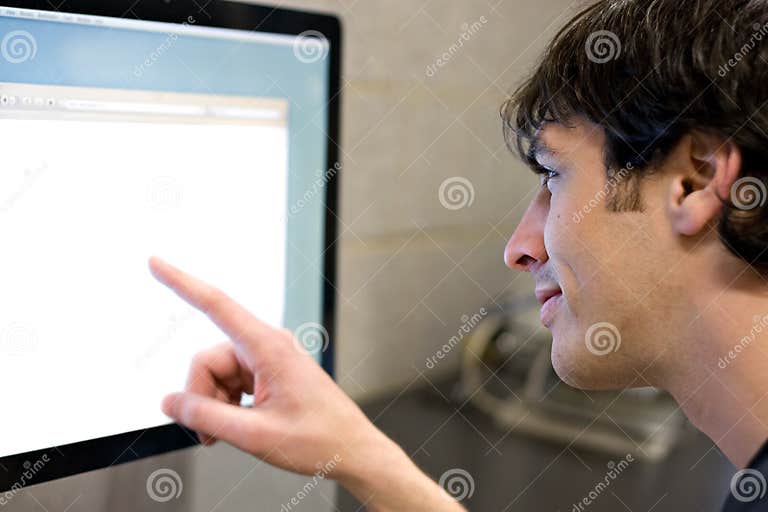 Man Pointing at Computer Screen Stock Photo - Image of desktop, monitor ...