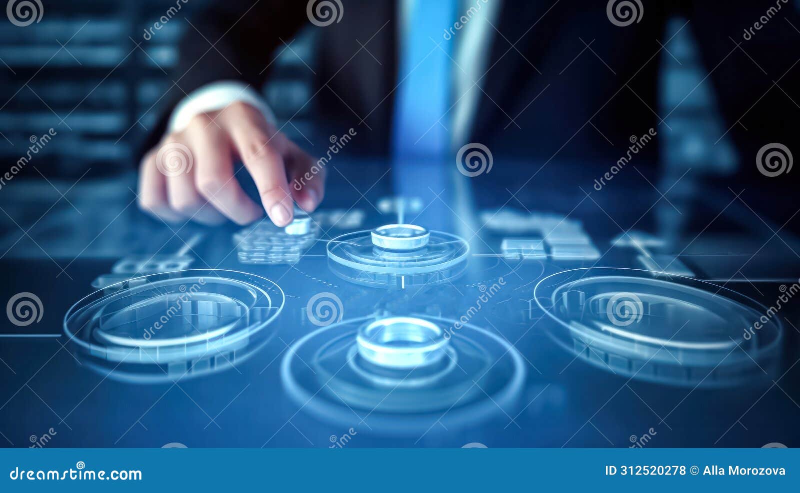 A Man is Pointing at a Computer Screen with a Blue Button in the Middle ...