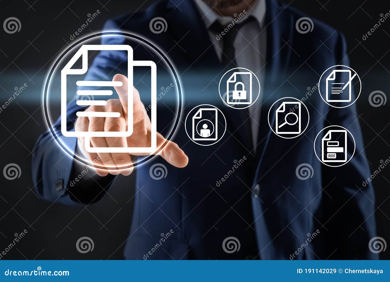 Man Pointing at Document Icon on Virtual Screen Stock Image - Image of ...