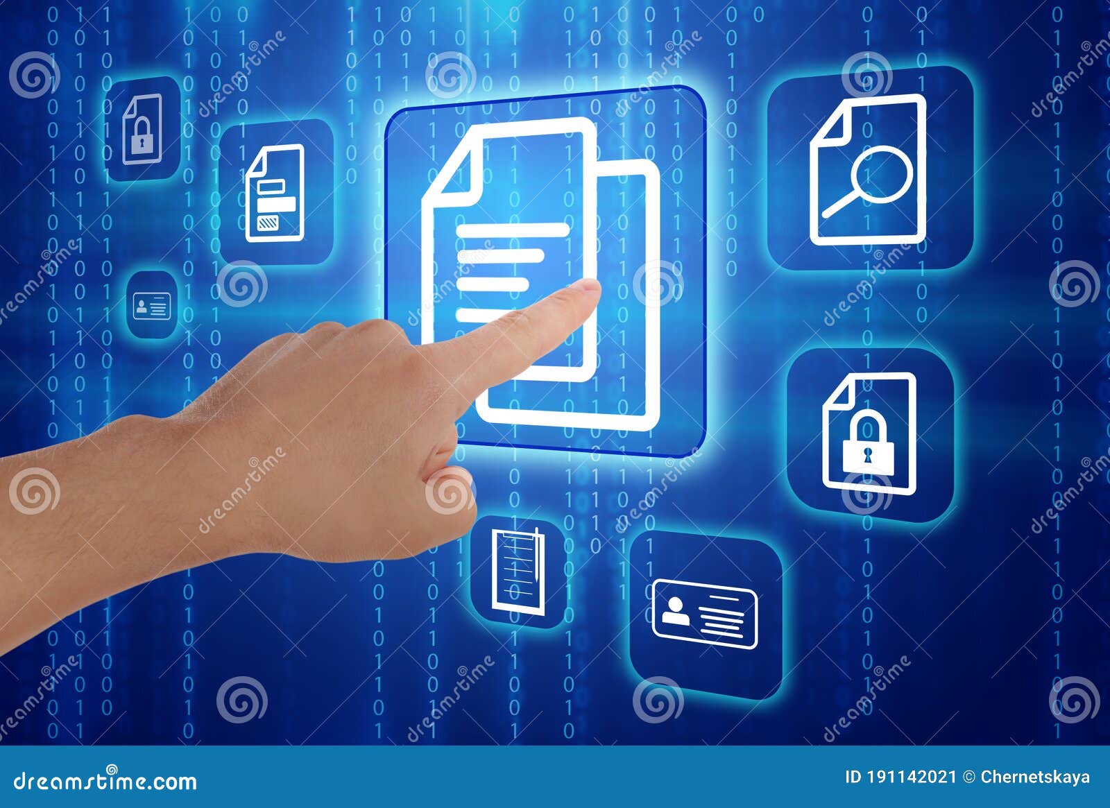 Man Pointing at Document Icon on Virtual Screen Stock Image - Image of ...