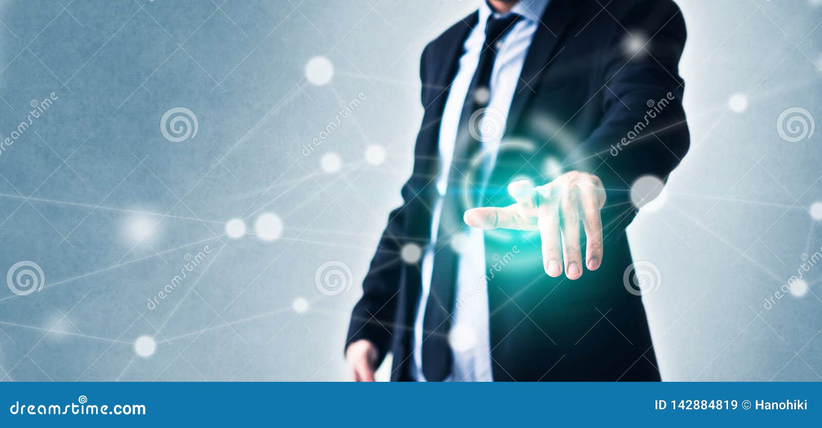 Man Pointing Finger on Virtual Screen with Technology in Business ...