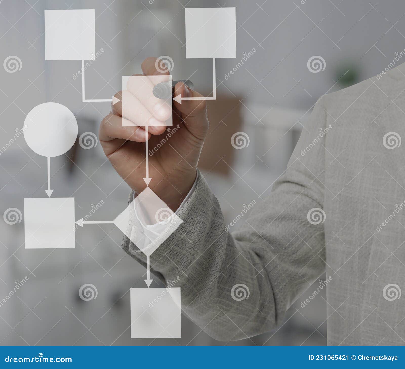 Man Pointing at Flowchart on Virtual Screen Indoors, Closeup. Business ...