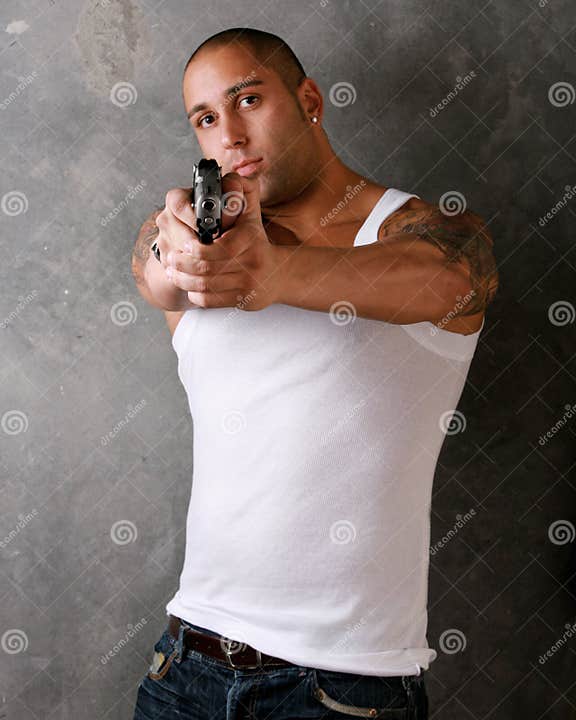 Man Pointing Gun stock photo. Image of head, concrete - 5084984