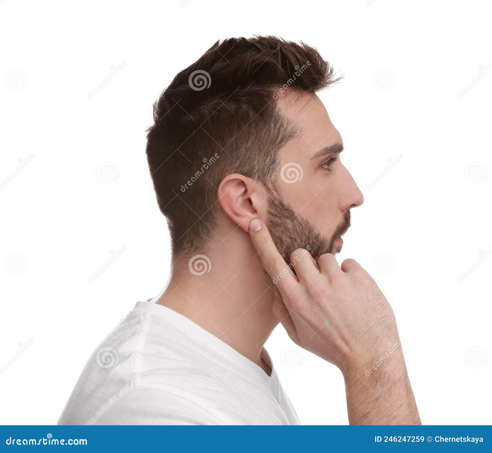 Man Pointing at His Ear on White Background Stock Image - Image of ...