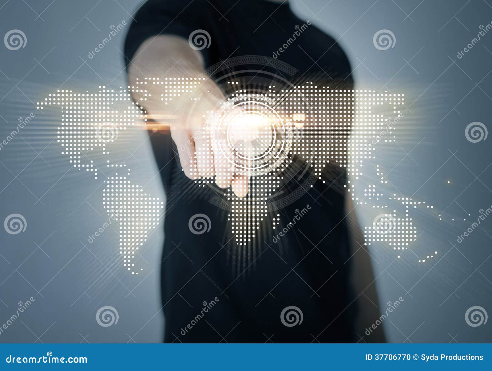 Man Pointing His Finger at World Map Stock Photo - Image of data ...