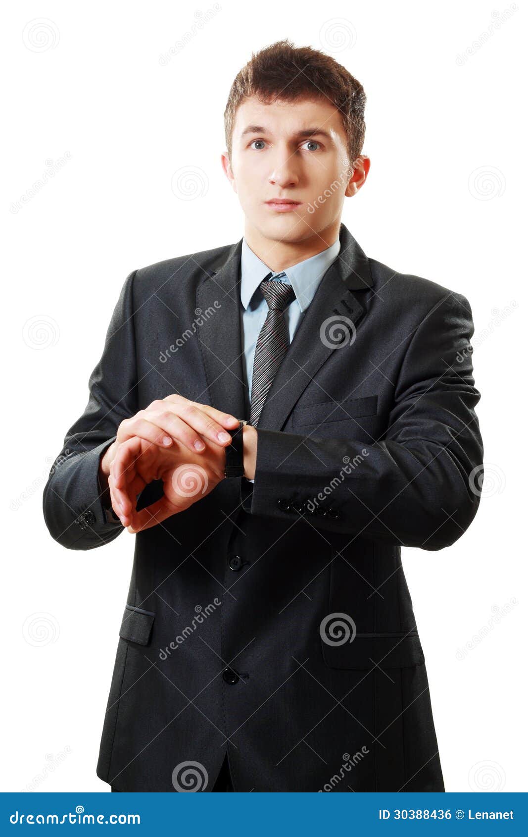 Man pointing at his watch stock photo. Image of office - 30388436