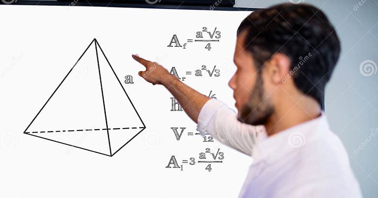 Man Pointing Over Geometric Shape by Formulas on Board Stock ...