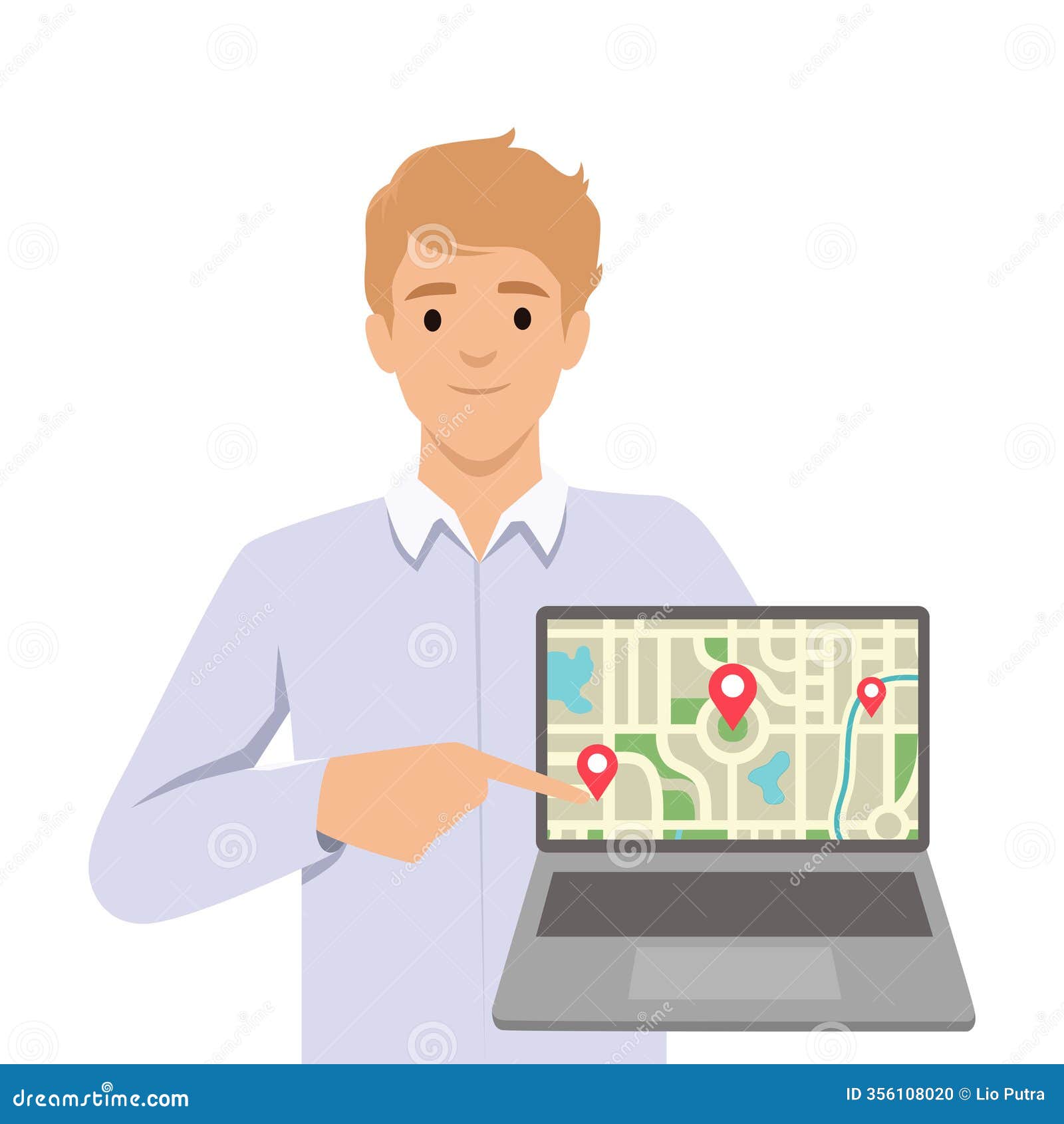 Man Pointing To A Laptop Screen Displaying A Map With Multiple Location ...