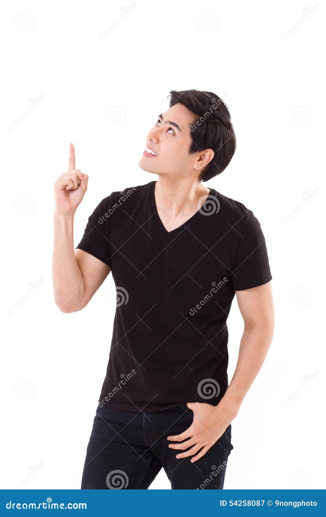 Man Pointing Up His Finger, Looking Up Stock Image - Image of handsome ...