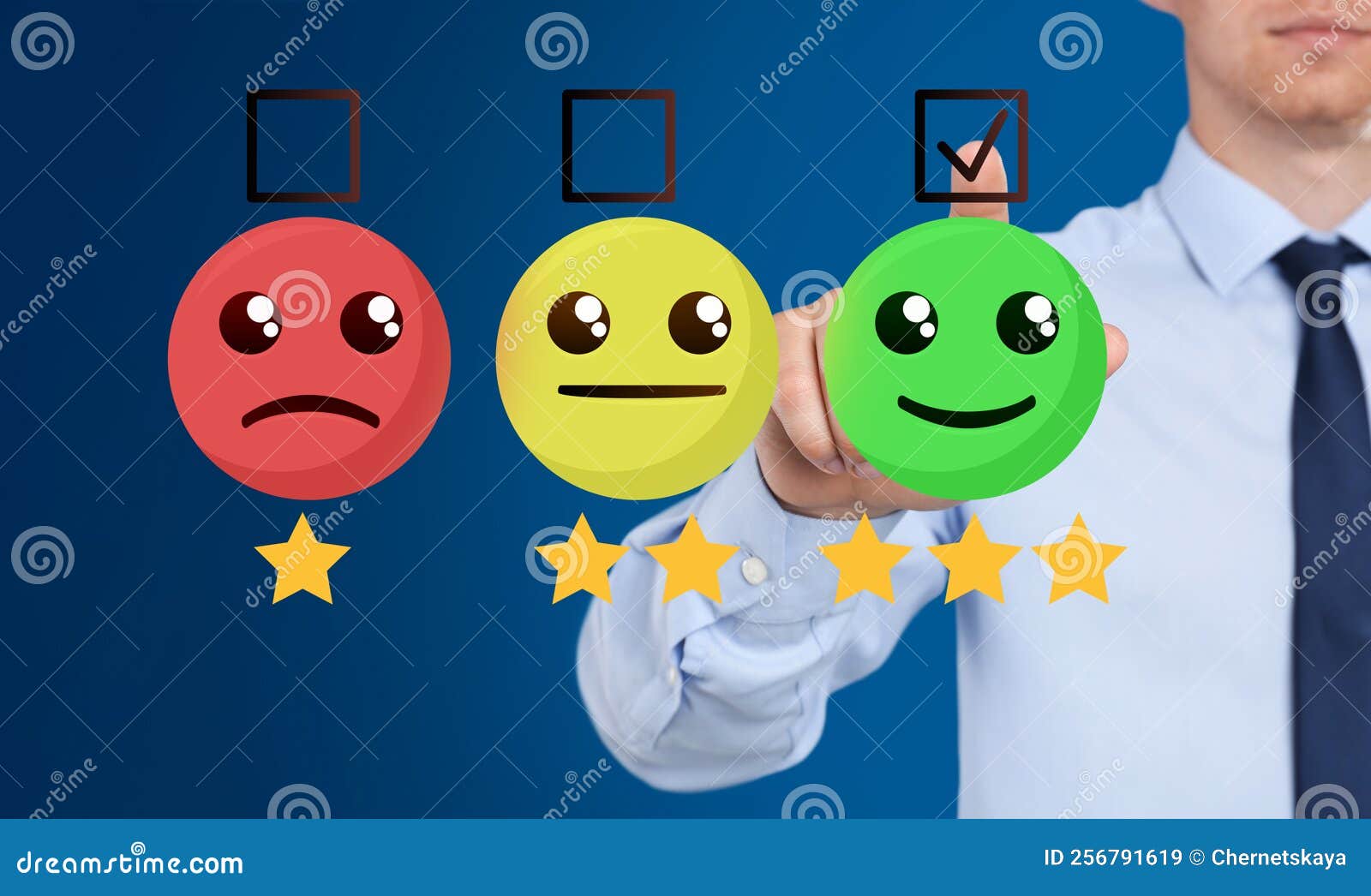 Man Pointing at Virtual Emoticon To Give Feedback on Blue, Closeup ...