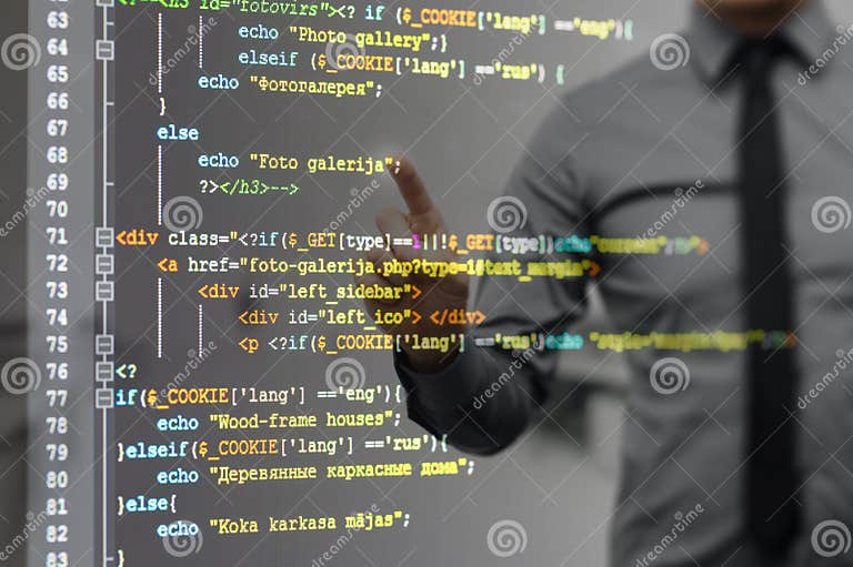 Man Pointing on Virtual Screen with Website Programming Code Stock ...