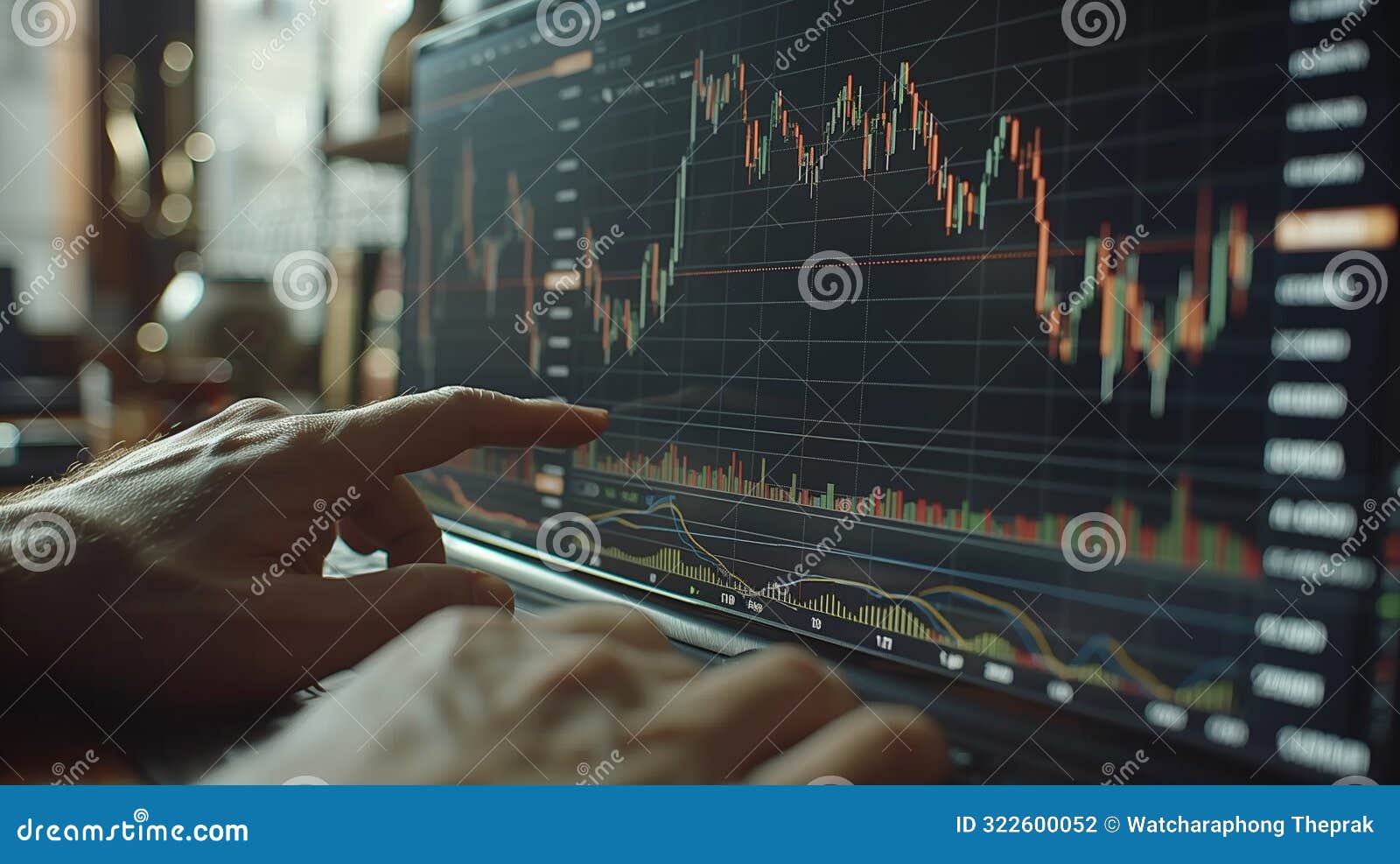 Man Points at Computer Screen Showing Stock Chart Stock Illustration ...