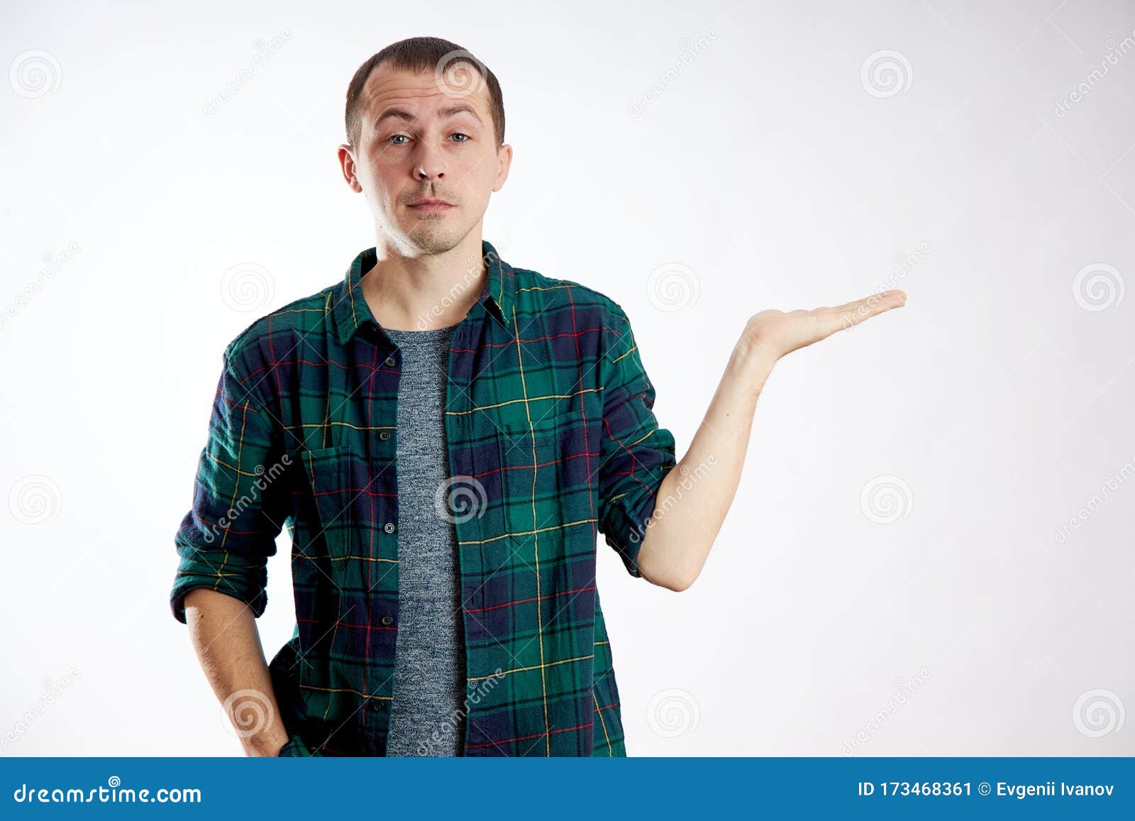 Man Points a Finger at the Hand with the Outstretched Palm. Advertising ...