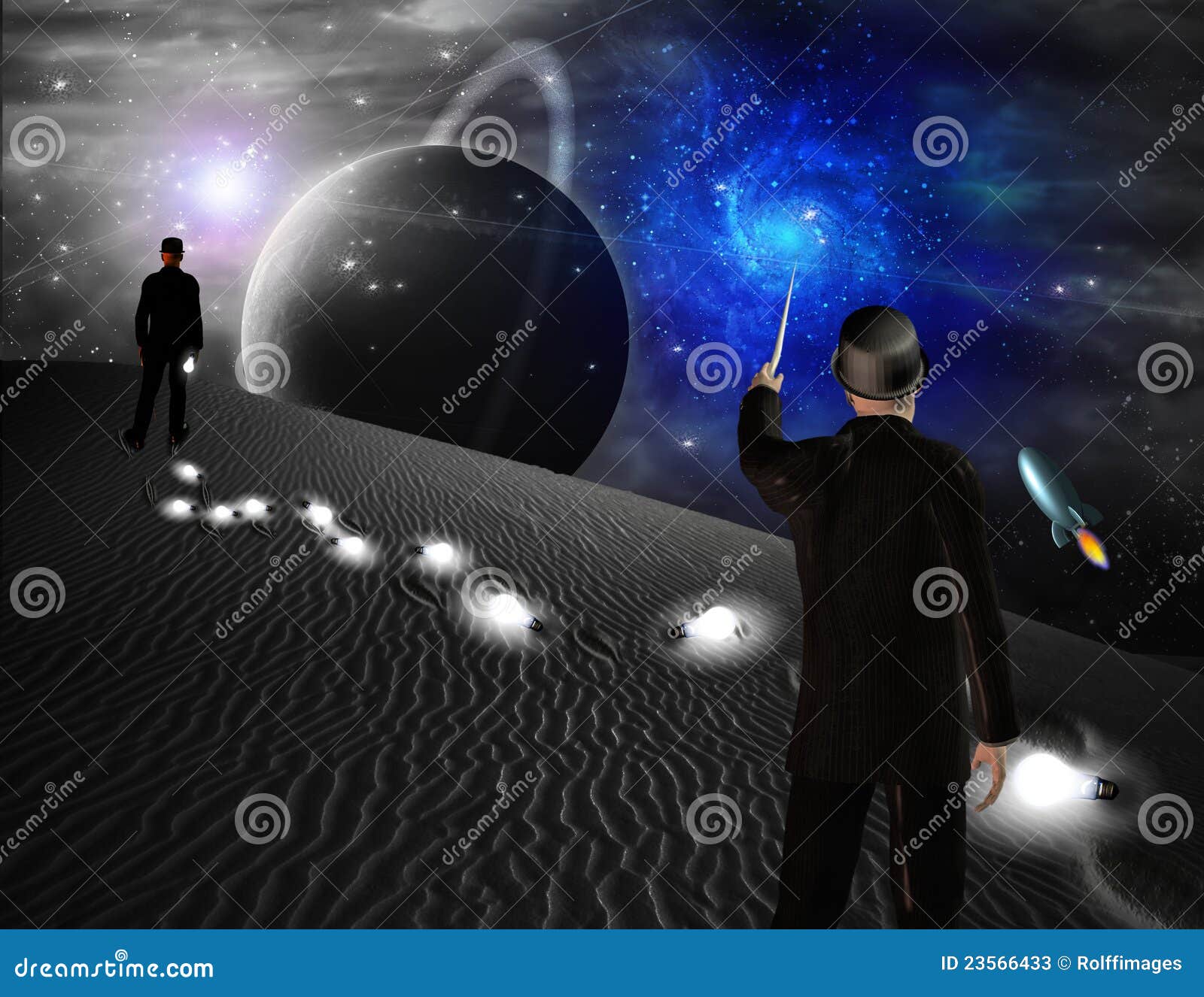 Man Points Toward Galaxy in Science Fiction Scene Stock Illustration ...