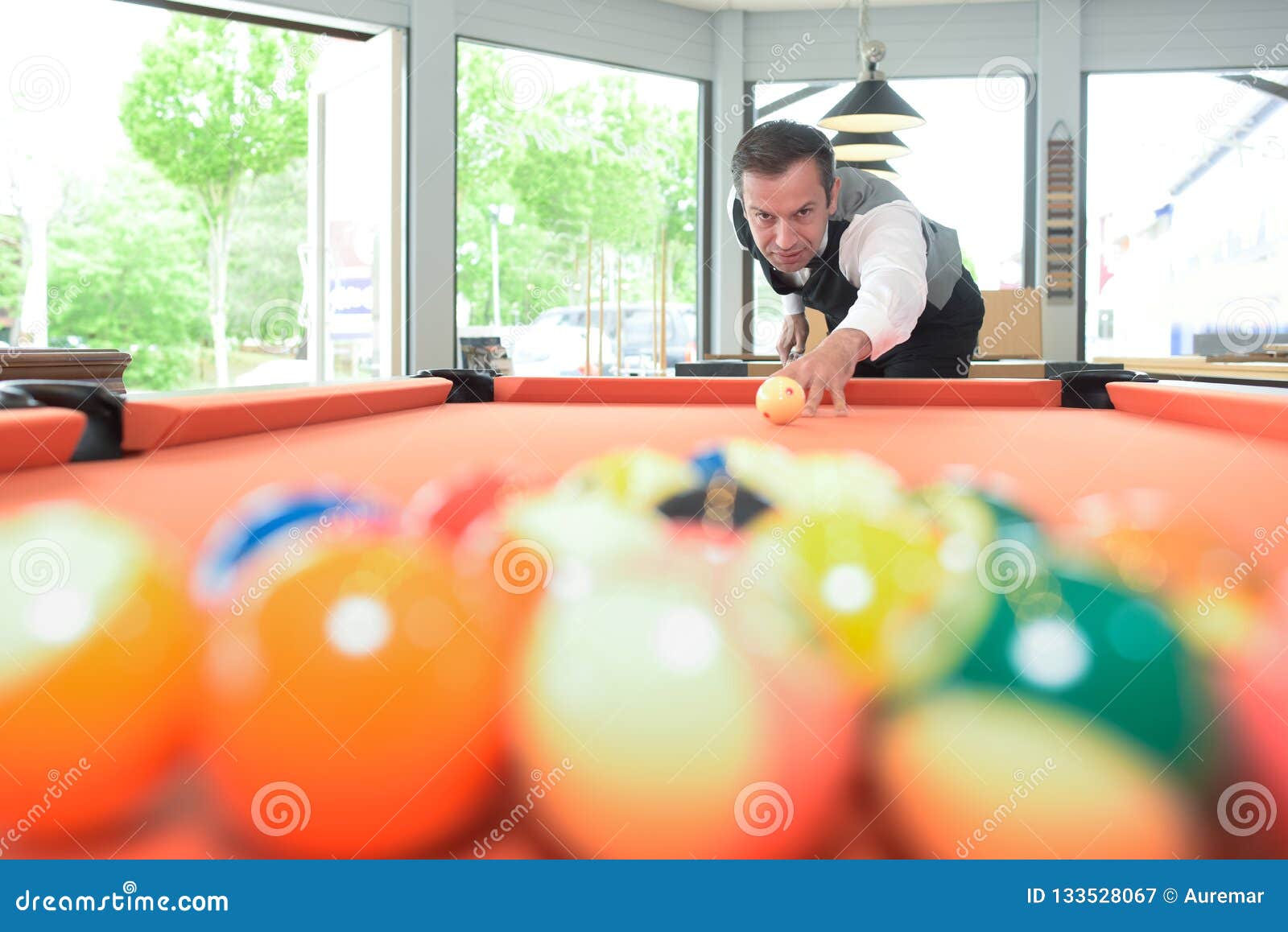 Man Poised To Break at Pool Table Stock Image - Image of pool ...