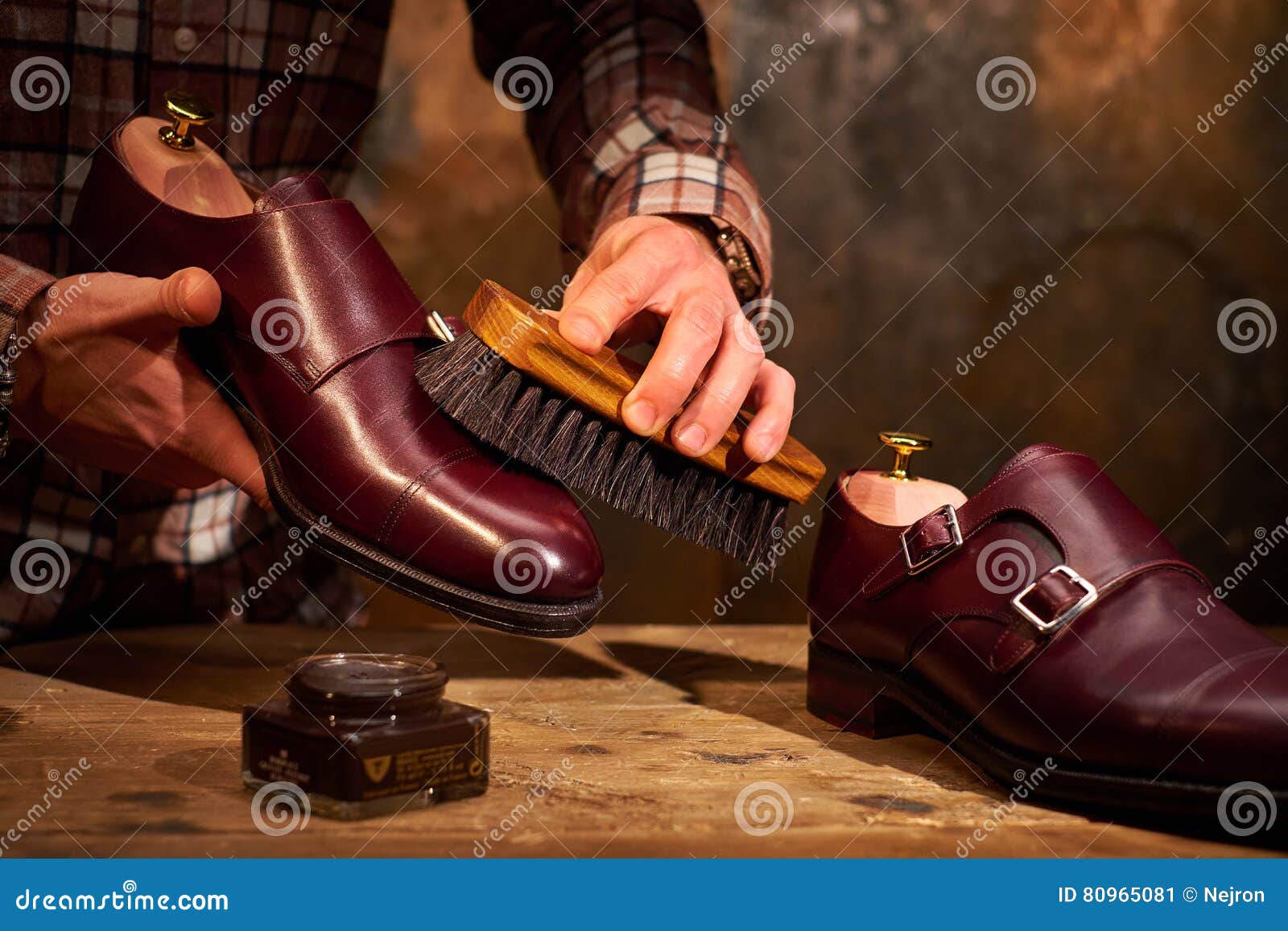 Man Polishing Leather Shoes with Brush. Stock Image - Image of brogue ...