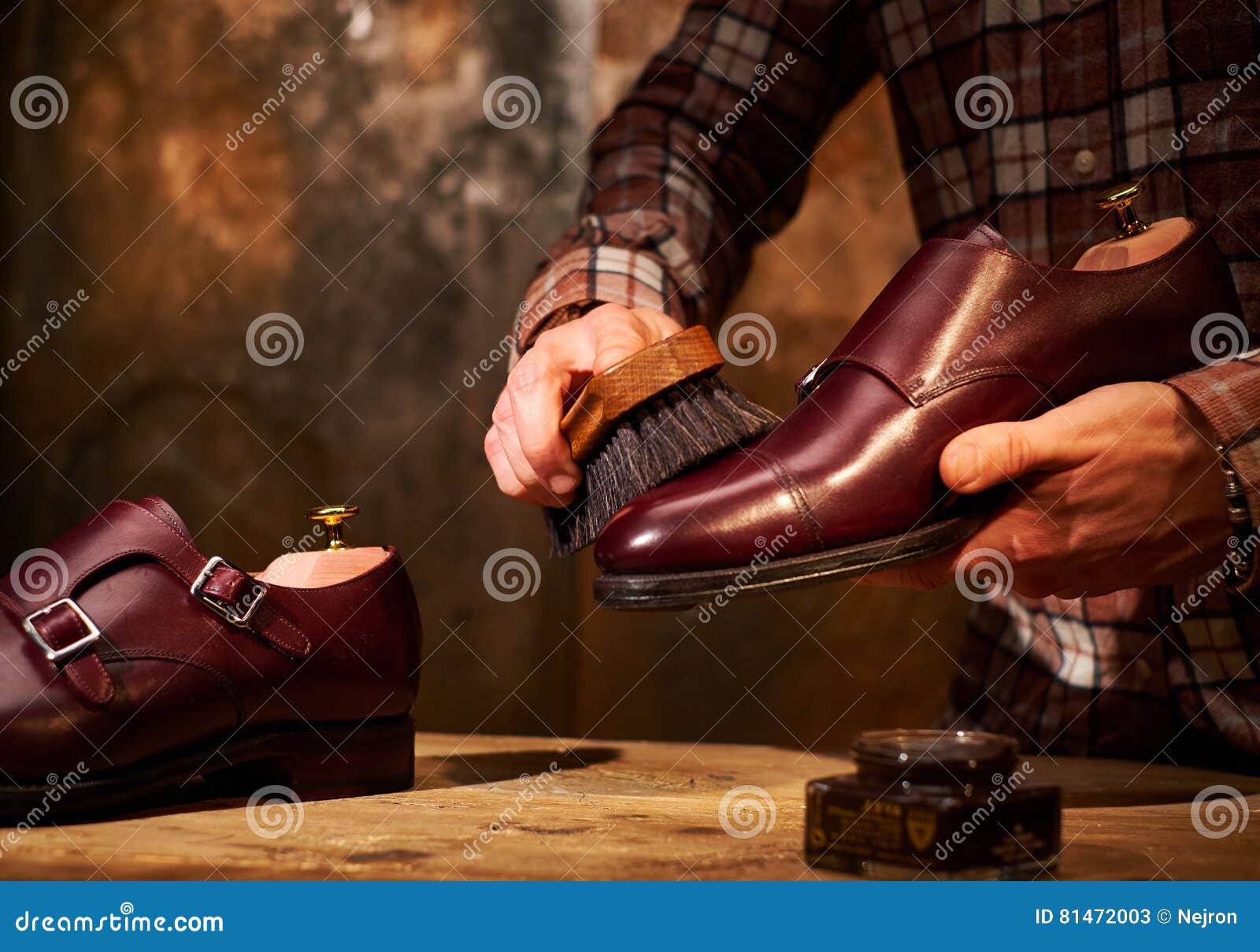 Man Polishing Leather Shoes with Brush Stock Image - Image of ...