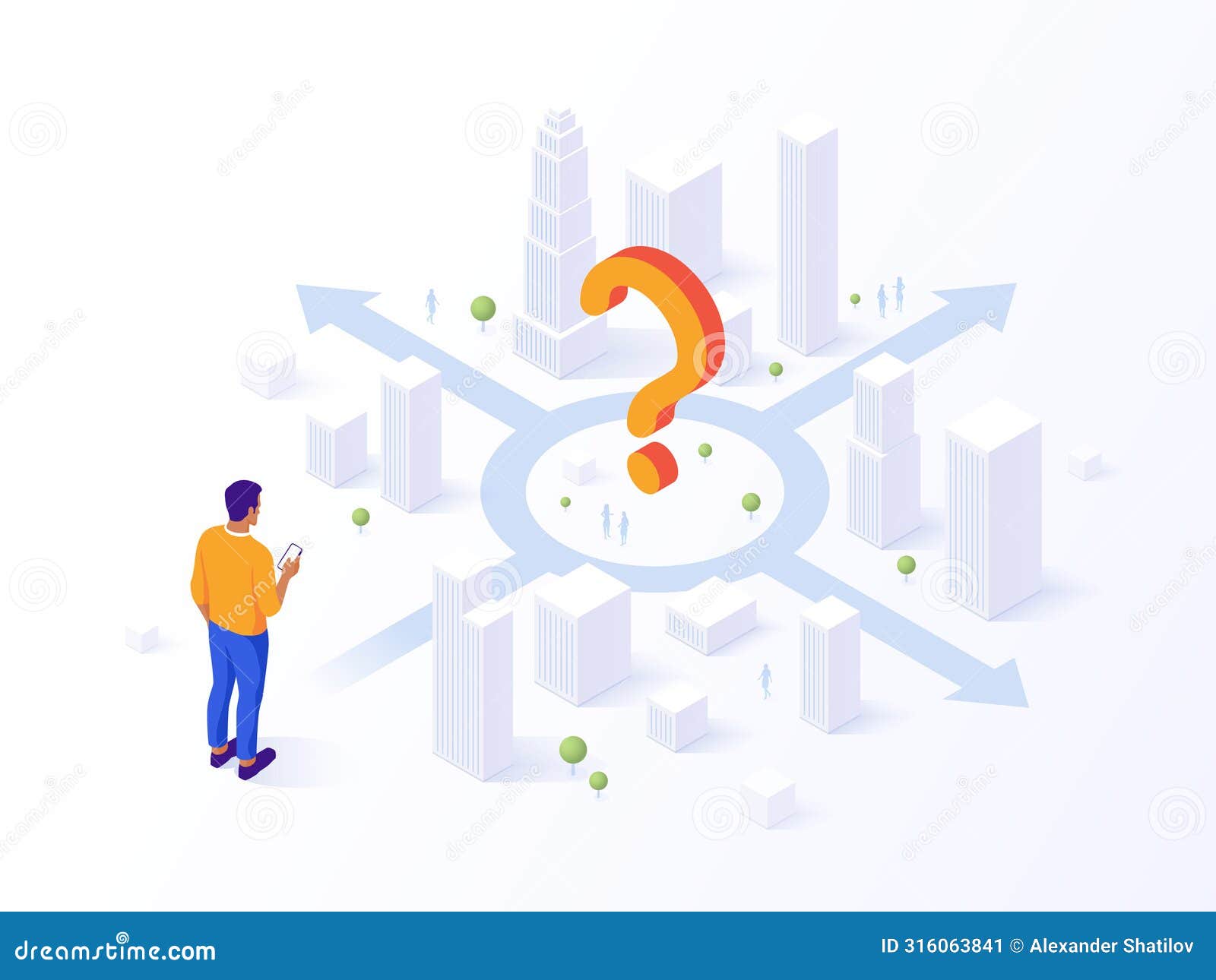 Man Pondering Choices at a Question Mark Crossroad with Multiple Arrows ...