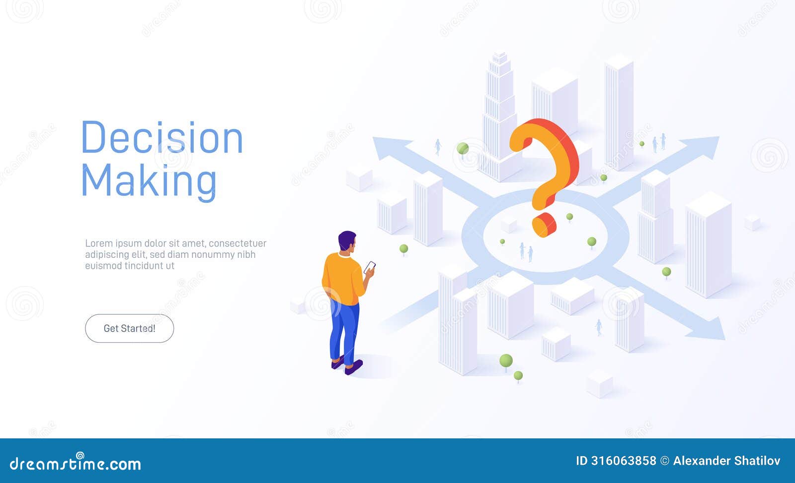 Man Pondering Choices at a Question Mark Crossroad with Multiple Arrows ...