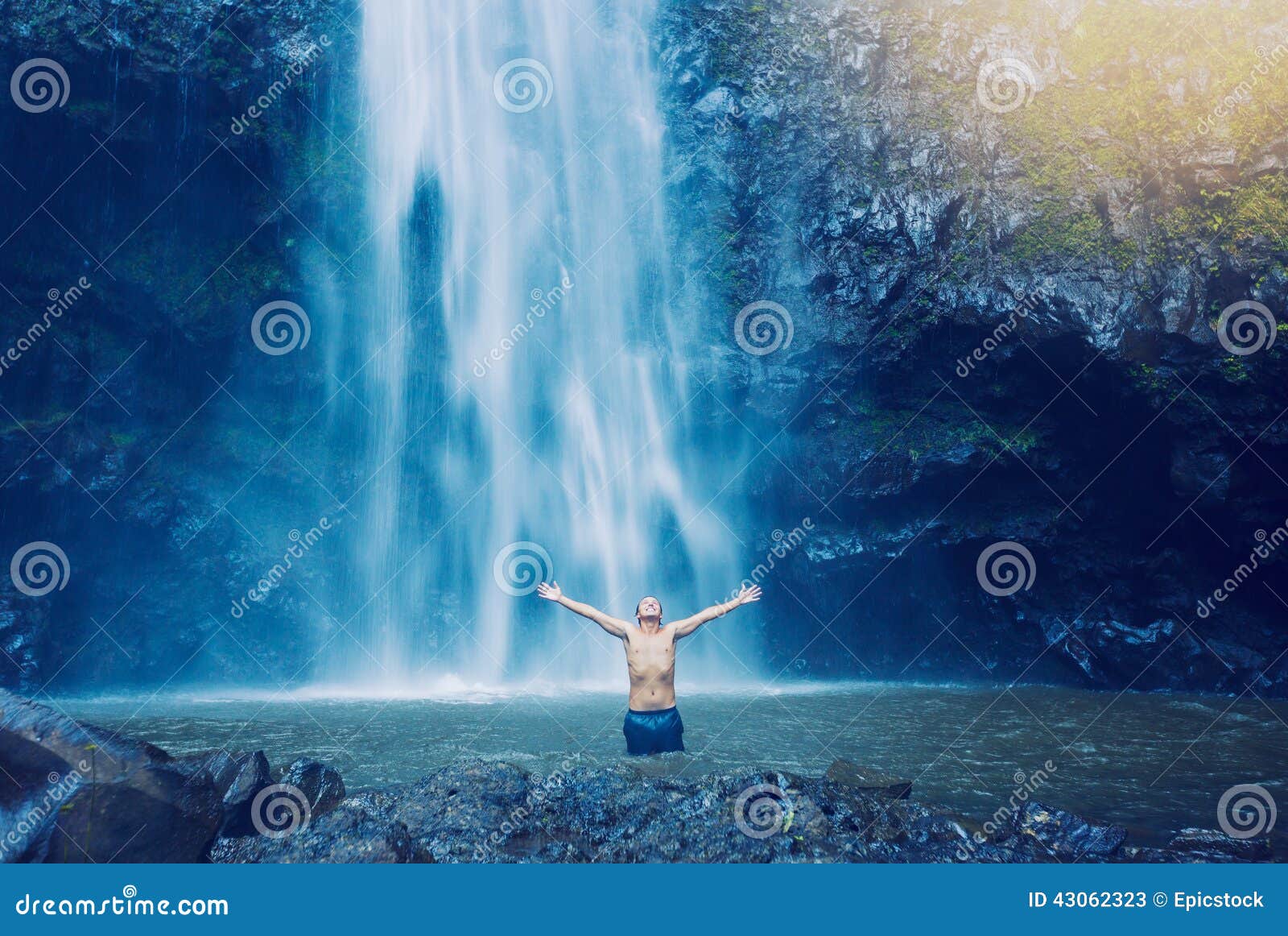 Man in Pool at the Base of Large Waterfall Stock Image - Image of flow ...