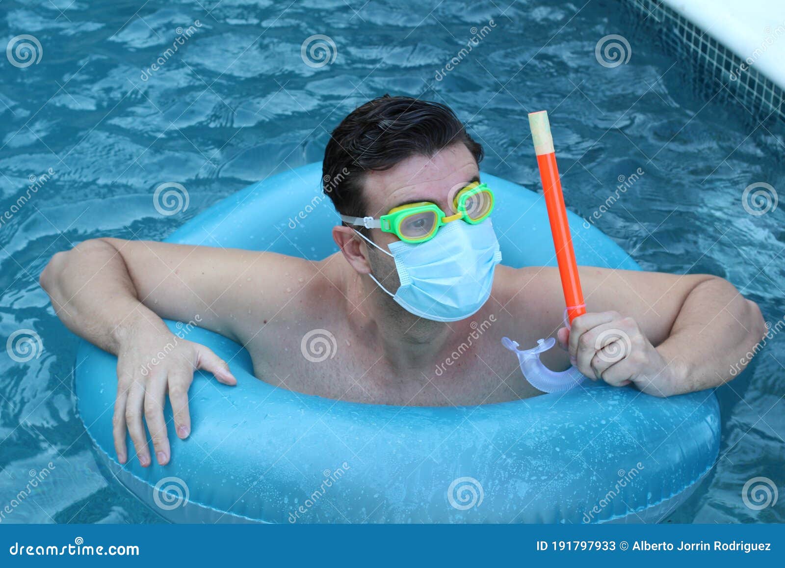 Man in the Pool with Surgical Mask Stock Image - Image of pool, goggles ...