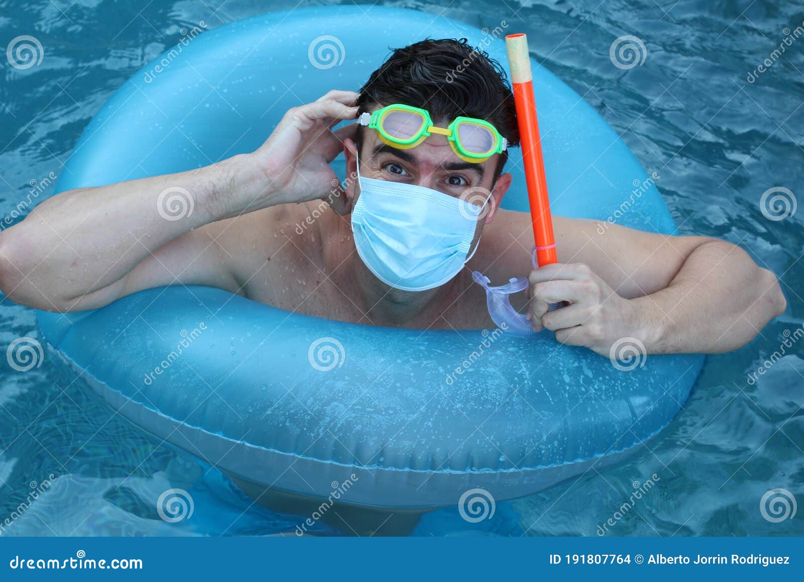 Man in the Pool with Surgical Mask Stock Photo - Image of nonsense ...