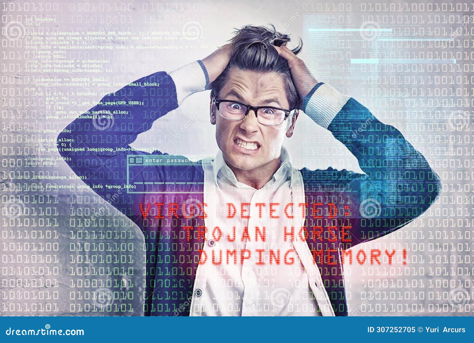 Man, Portrait and Digital Interface with Virus or Frustrated for ...