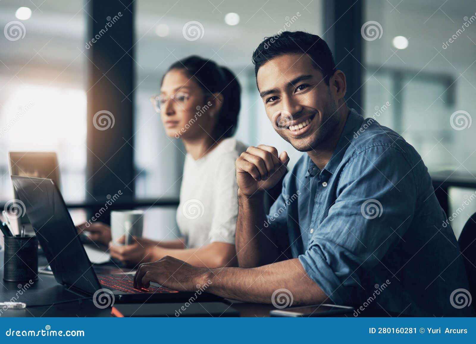 Man, Portrait and Happy Programmer on Laptop in Office for Deadline at ...
