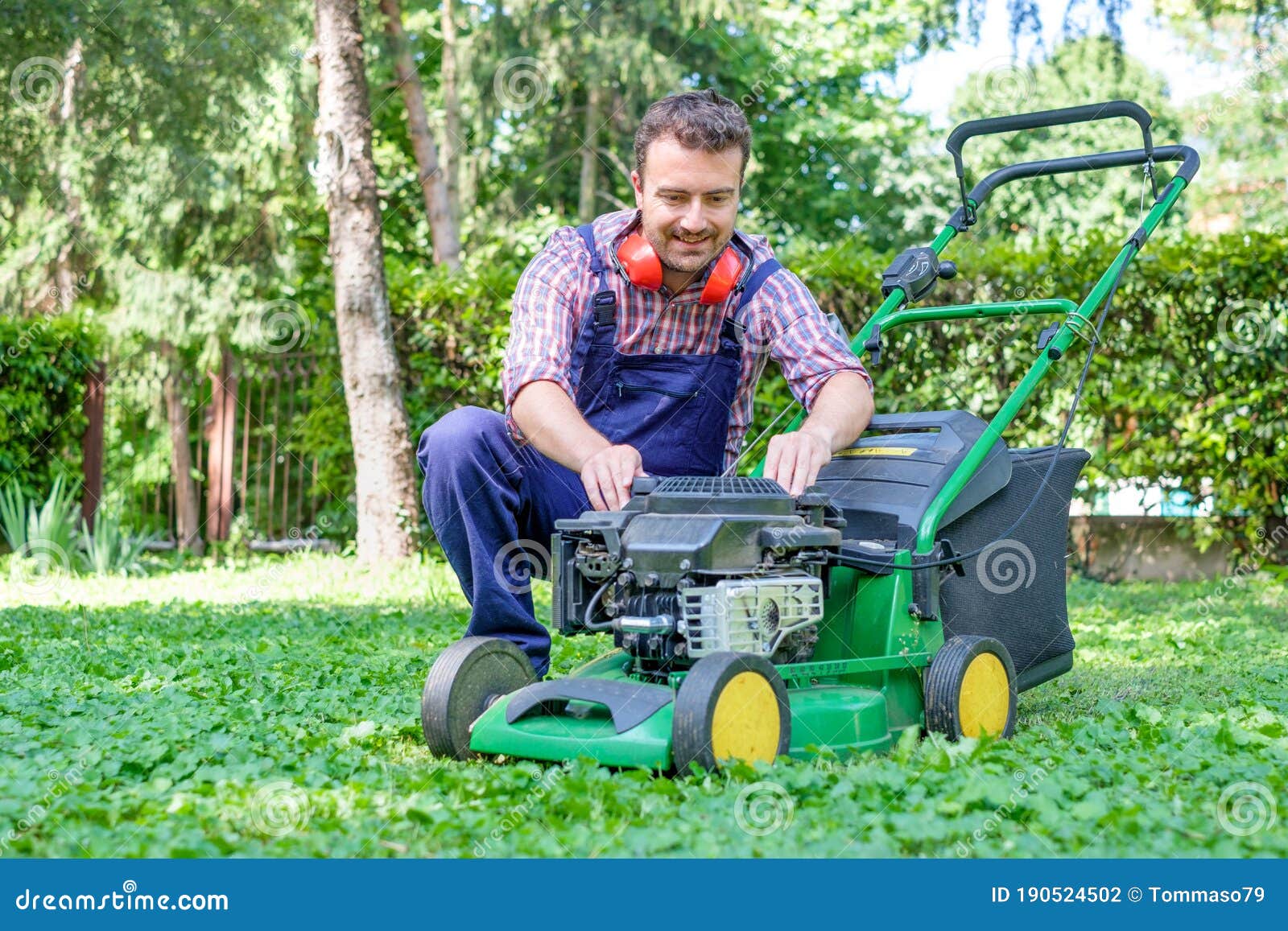 Man Portrait Mowing the Lawn with Lawnmower Stock Photo - Image of ...