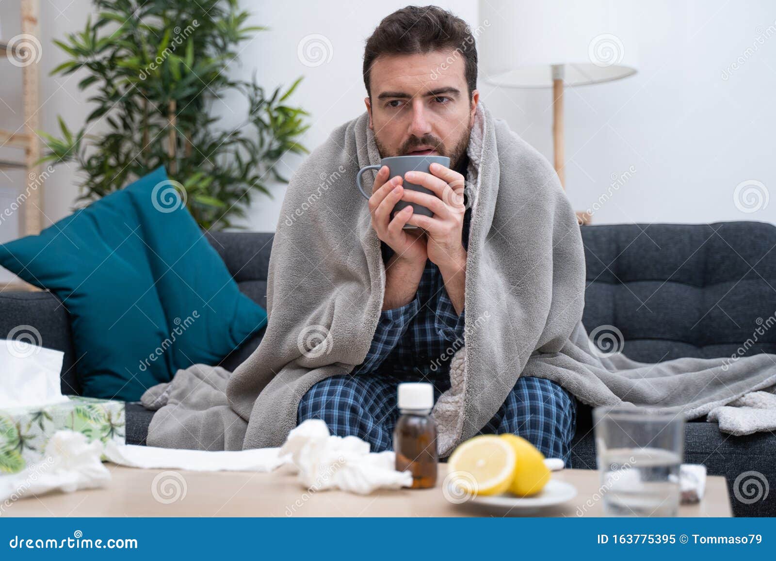 Man Portrait Suffering Cold and Flu at Home Stock Image - Image of ...